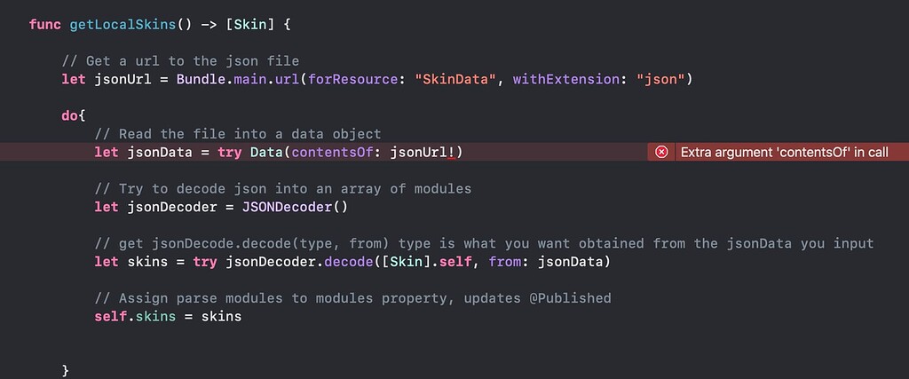 Help with Extra argument 'contentsOf' in call in JSON parsing - General Discussion - CodeCrew ...